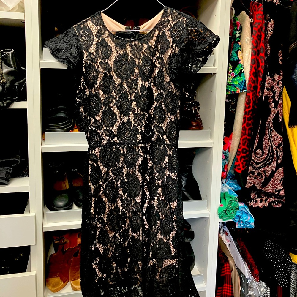 Express, Black Lace Nude Open Back Sexy Dress - Gem